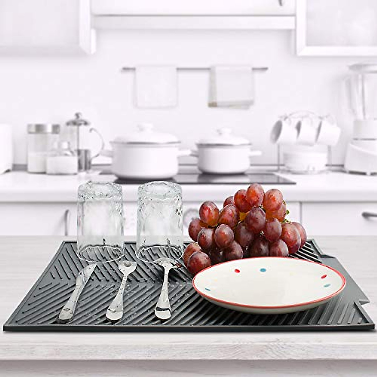 Suruid Silicone Dish Drying Mat for Multiple Usage, Easy Clean, Eco-Friendly Heat-resistant Silicone Mat for Kitchen Counter or Sink, Refrigerator or Drawer Liner - Compact Storage 17" X 13" (Gray)