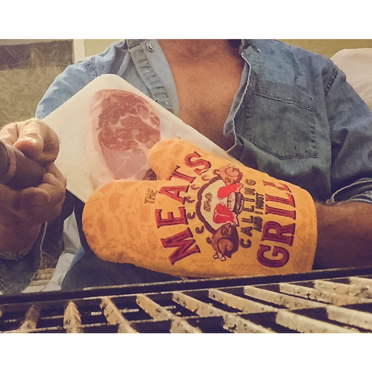 The Meats are Calling and I Must Grill Oven Mitt Funny Backyard Bar-B-Que BBQ Kitchen Glove Funny Graphic Kitchenwear Funny Food Novelty Cookware Yellow Oven Mitt