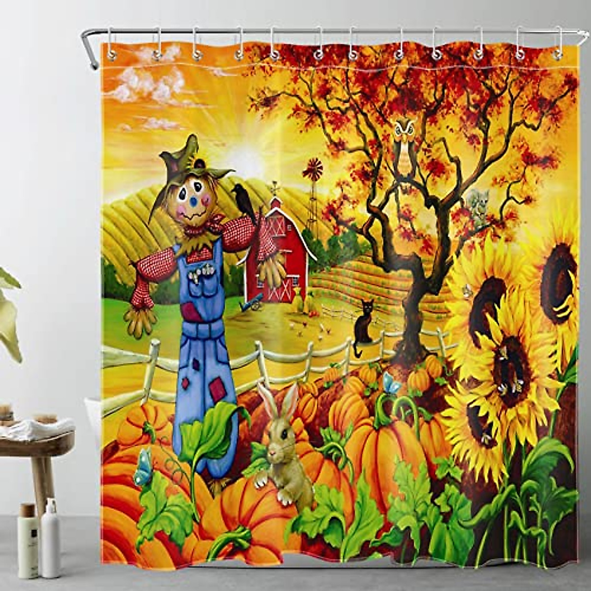 ECOTOB Fall Scarecrow Pumpkin Shower Curtain Set Scarecrow and Sunflowers Pumpkin with Butterflies Bath Mat and Shower Curtain Farmhouse Autumn Bathroom Decor Accessories, 72x72 Inches
