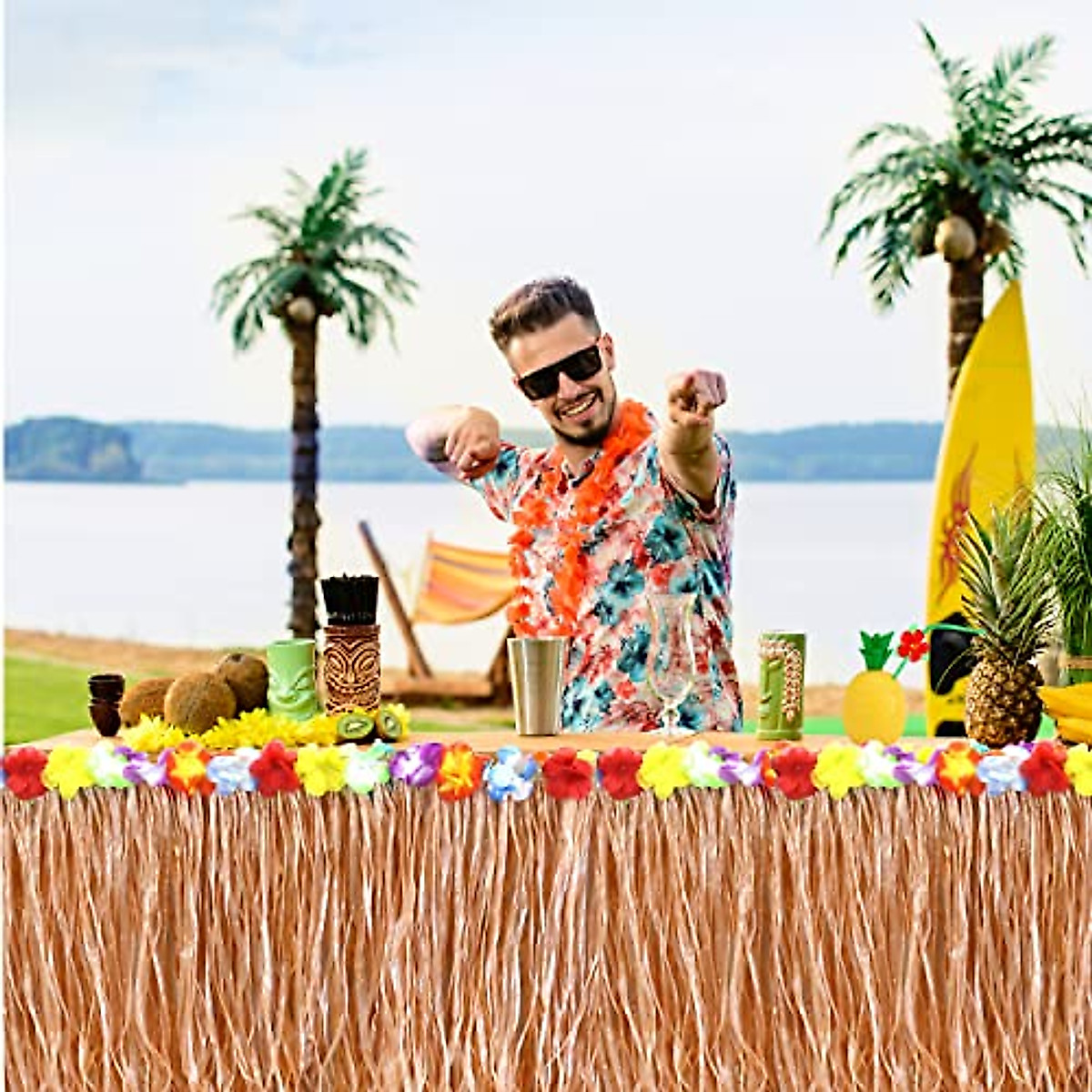 GiftExpress 9 feet X29 Luau Grass Table Skirt, Hawaiian Luau Libiscus Table Skirt for Hawaiian Party, Luau Party Supplies, Luau Party Decorations, Moana Birthday Party (Natural Hay Grass)