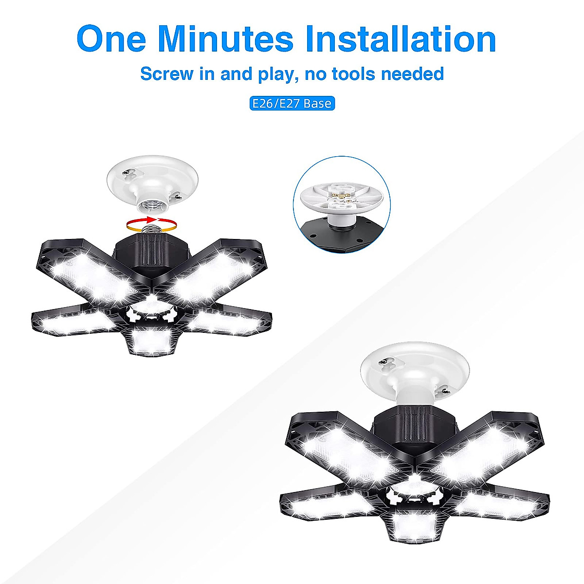 4WDKING Garage Lights 12000LM-6500K LED Deformable Garage Ceiling Lights, 100W LED Shop Light with 5 Adjustable Panels LED Bay Light Bulbs for Workshop, Basement, Warehouse, Barn (2 Pack)