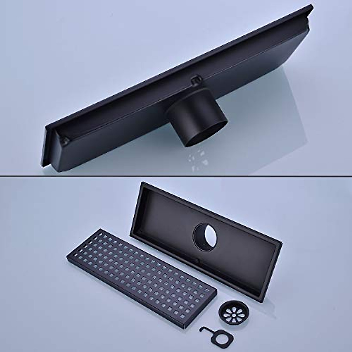 Orhemus Linear Shower Floor Drain with Removable Cover Grid Grate 12 inch Long Rectangle, SUS 304 Stainless Steel Matte Black Plated Finish