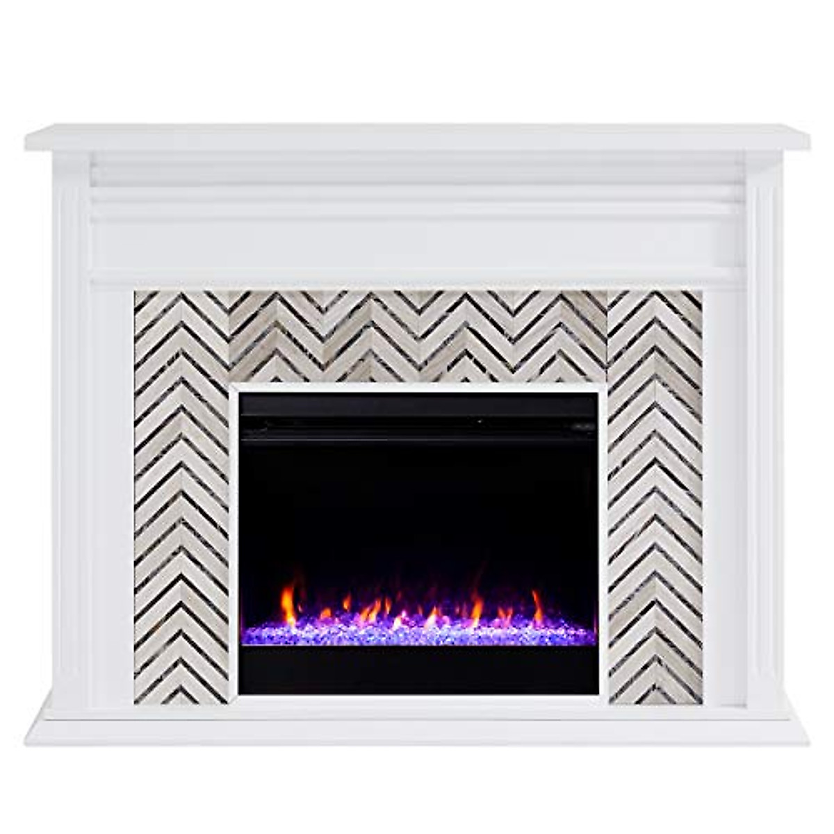 SEI Furniture Hebbington Carrara Marble Tiled Color Changing Electric Fireplace, White-Gray
