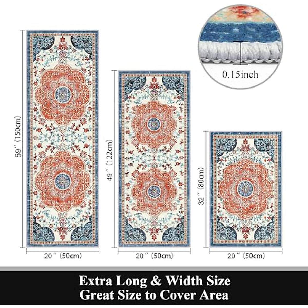 Ileading Boho Kitchen Rugs Sets 3 Piece with Runner Non Slip Kitchen Mats for Floor Washable Bohemian Runner Rug Kitchen Floor Mat Carpet for Hallway Laundry Room Door Office Sink