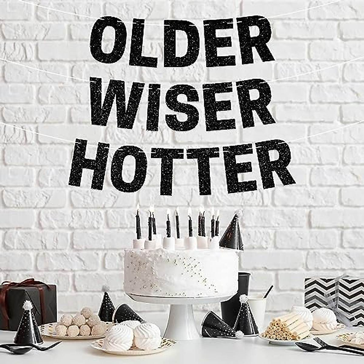 Pre-Strung Older Wiser Hotter Banner - NO DIY - Black Glitter Happy Birthday Party Banner - Pre-Strung Garland on 8 ft Strands. Black Birthday Party Decorations For Men & Women. Did we mention no DIY?