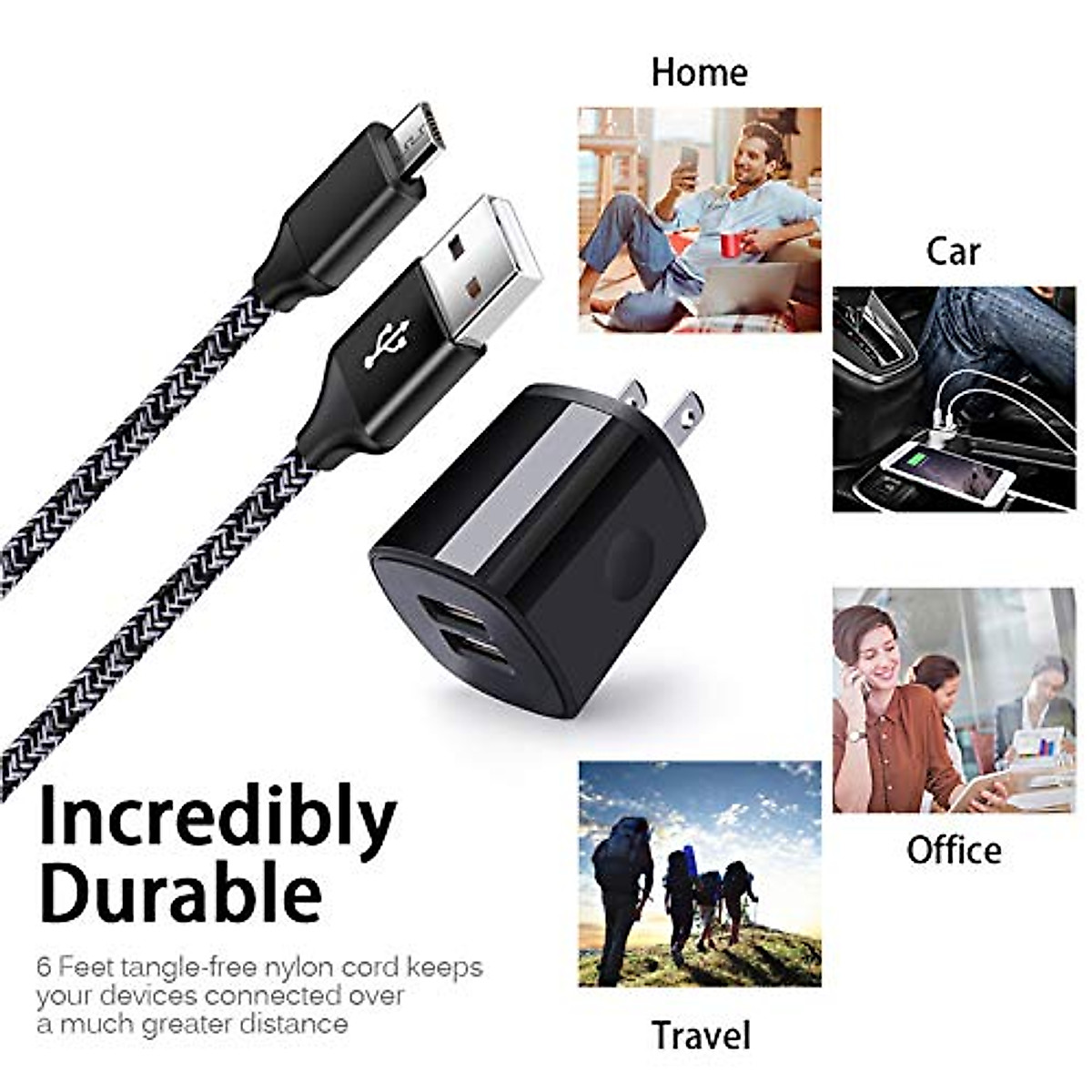 Android Charger for Samsung Galaxy J7 Prime/Crown/Star/Sky Pro/Pro/Perx,J3 Orbit,J2,J7 V,J6 Plus,J5,J4 Core,S7 S6 S5 A10 A6 Note 5 4,LG K40 K30 K20, Phone Wall Charger + Fast Charging Micro USB Cable