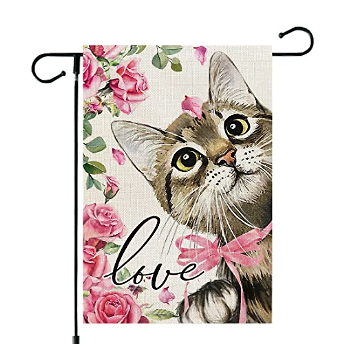 CROWNED BEAUTY Valentines Day Cat Garden Flag 12x18 Inch Double Sided for Outside, Pink Roses Love Yard CF687-12