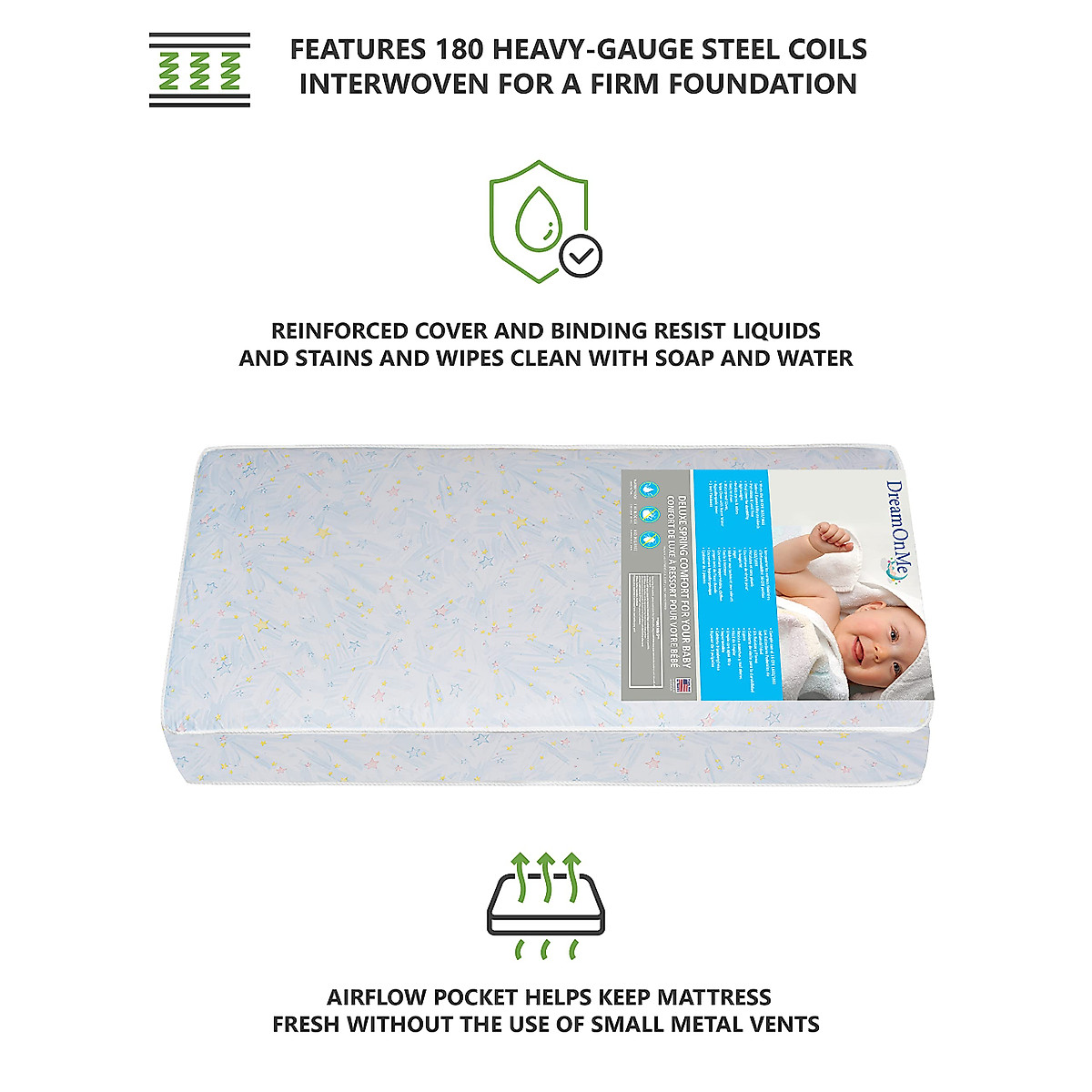 Dream On Me Stars Bright Crib & Toddler 180 Coil Mattress, Greenguard Gold Certified, Made in USA, Waterproof Cover