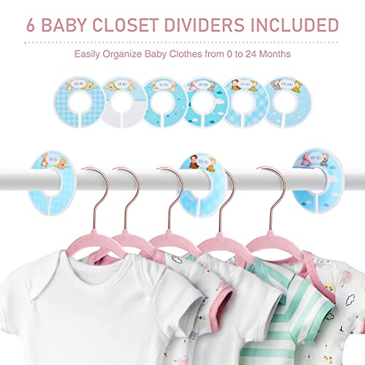 COZYMOOD Velvet Baby Hangers for Closet 50 Pack, Non-Slip Baby Clothes Hangers with 6 Pcs Cute Closet Dividers, Ultra-Thin Small Hangers for Kids Clothes Space Saving Infant & Toddler Hangers, Pink