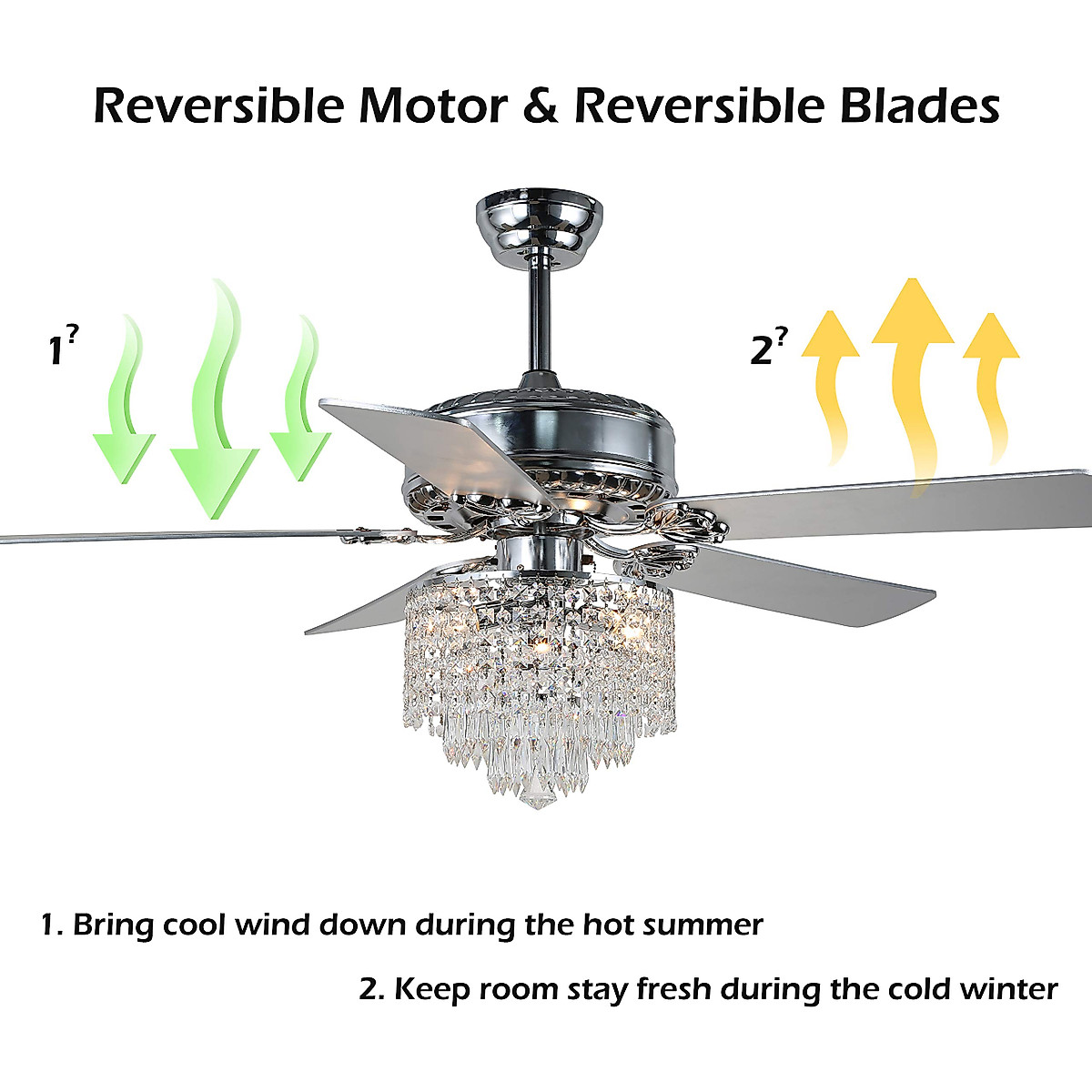 Bella Depot 52" Crystal Chandelier Ceiling Fan with Light and Remote, Dual-Sided Blades Modern Chandelier Fan for Living Room Dining Room Bedroom