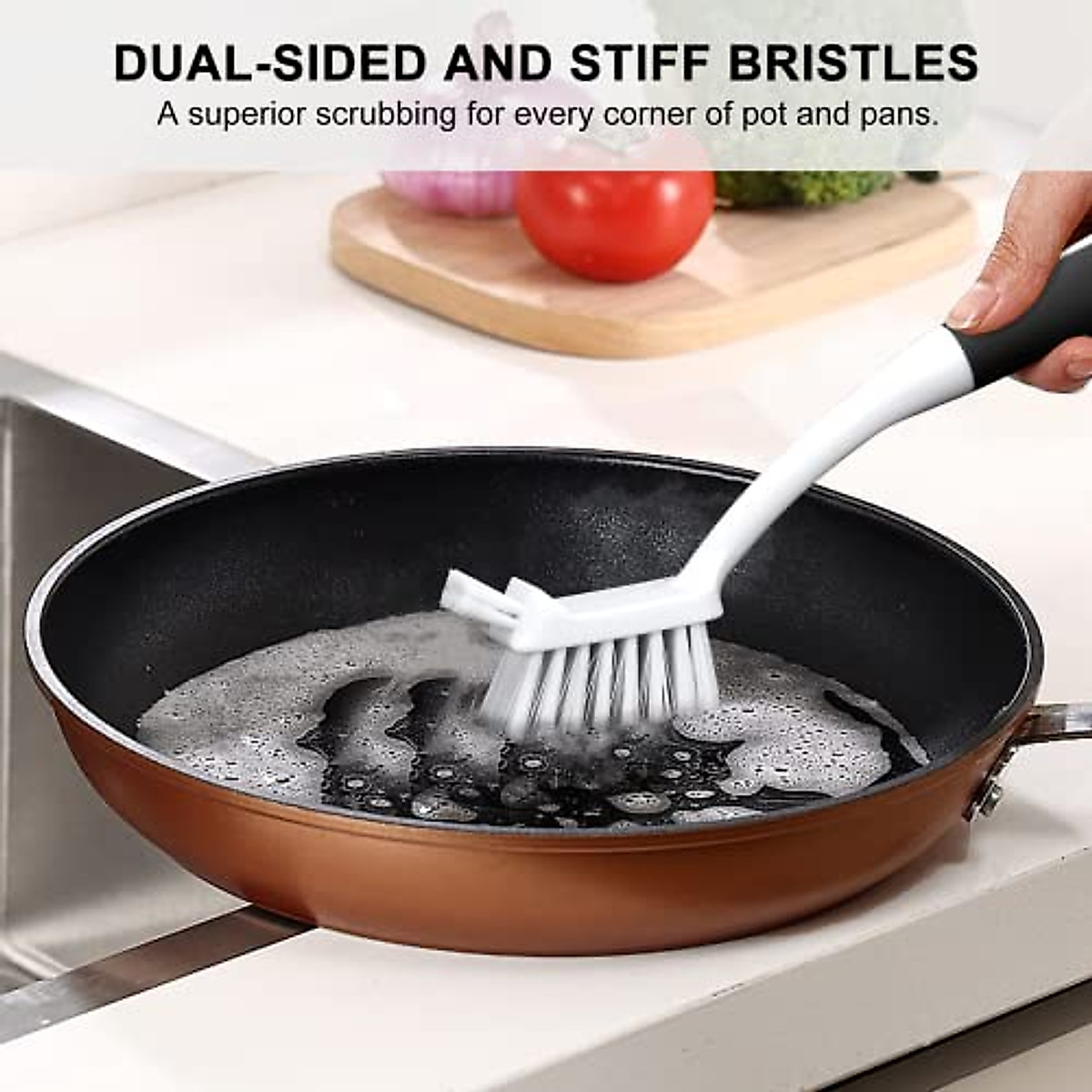 SetSail Dish Brush Set of 3 with Bottle Brush, Dish Scrub Brush with Long Handle Deep Cleaning Handle Brush with Scraper Tip for Kitchen Sink Dishes Bottle Cup Pot and Pans Tile Lines, Black