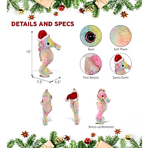 DolliBu Santa Rainbow Seahorse Stuffed Animal Plush Toy - Wild Animal Dress Up with Red Santa Claus Hat, Cute Wildlife Gift, Perfect Holiday with Name Personalization - 15 Inches