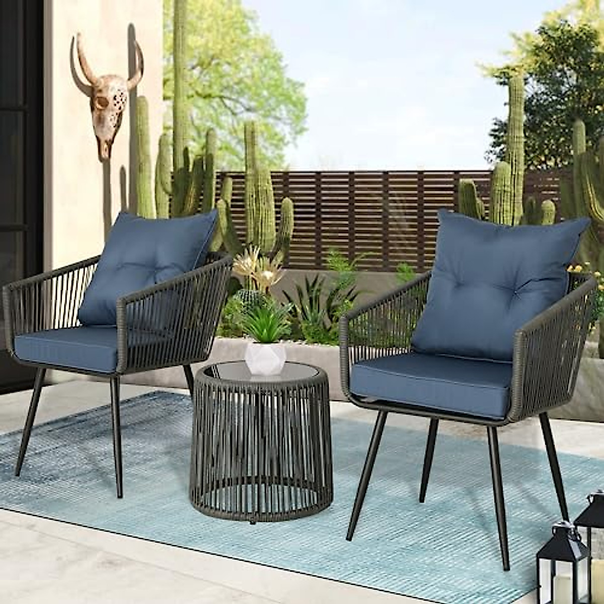 BPTD 3 Piece Outdoor Bistro Set Patio Set Balcony Furniture Outdoor Furniture Rattan Chair Conversation Sets with Side Table for Porch, Backyard, Balcony (DGRY-Navy)