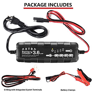 AXTRA 6V and 12V Car Battery Charger, 3.6-Amp Fully-Automatic Smart Battery Maintainer for Car, SUV, Truck, Motorcycle, Boat, RV, Lawn Tractors, ATV - (Lead Acid, AGM, Sealed, GEL, SLA, Flooded)