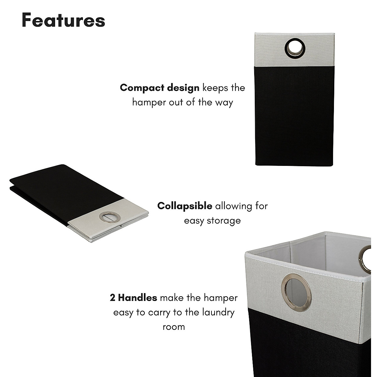 BirdRock Home Folding Cloth Laundry Hamper with Handles - Dirty Clothes Sorter - Easy Storage – Collapsible Bin – Home Organization – Black and White