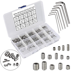 HanTof 340Pcs M2.5, M3, M4, M5, M6, M8 Metric Hex Socket Head Cup Point Set Screws, Allen Head Grub Screw, Internal Hex Drive Headless Set Screw Assortment Kit with 6 Hex Wrenches, 304 Stainless Steel