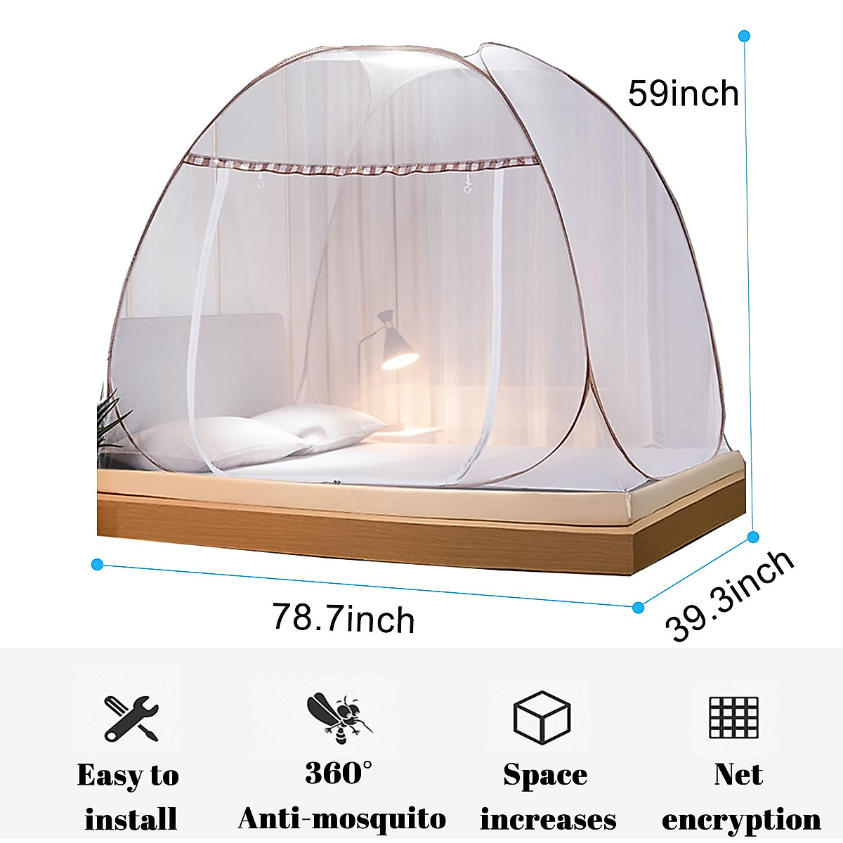 Fancylovesotio Mosquito Netting for Bed with Mosquito Head Net Mesh, Travel Portable Folding Bed Net Tend with Bottom for Twin and King Size Home Outdoor Brown，1.0M
