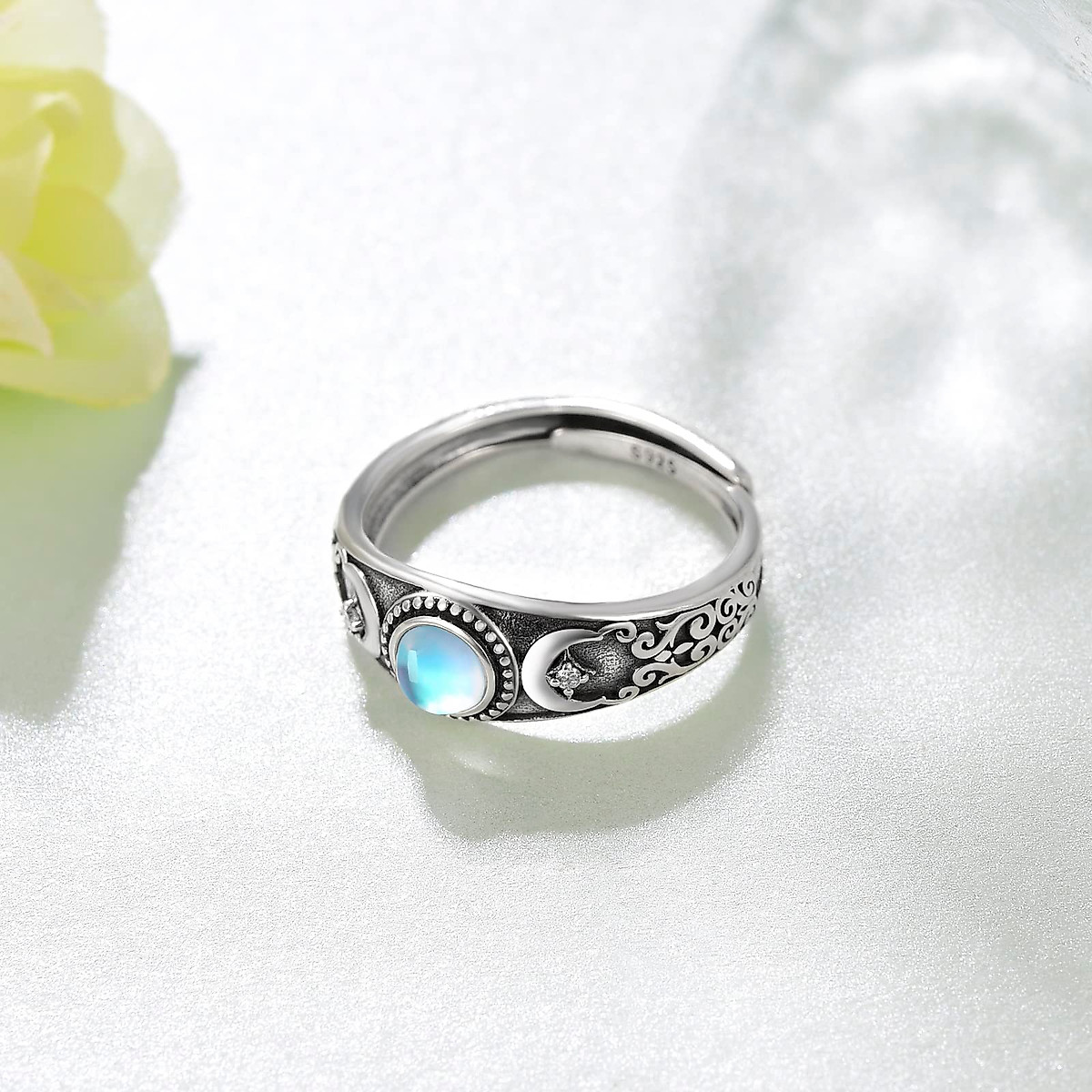 SCZKLAQ Triple Moon Ring for Women,925 Sterling Silver Moonstone Triple Moon Ring,Moonstone Moon Phase Ring Open Adjustable Moonstone Ring Wiccan Jewelry Gift for Women Men #7