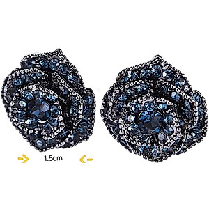 Silver Plated Rose Flower Earring Black Blue Crystal Women Fashion Enchanted Stud Earrings Rhinestone Teardrop Flower Earrings(Blue)