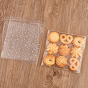 Zezzxu 200PCS Cookie Bags Self Adhesive Clear Plastic Cellophane Treat Bags for Candy Pastry Packaging Party Favor Gift Giving (White Polka Dots, 5.5 × 5.5 inches)