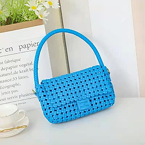 Angryapple Women Vegan Leather Hand-woven Handbag,Fashion Candy Color Shoulder Underarm Crossbody with Purse Casual Tote Bag (blue)