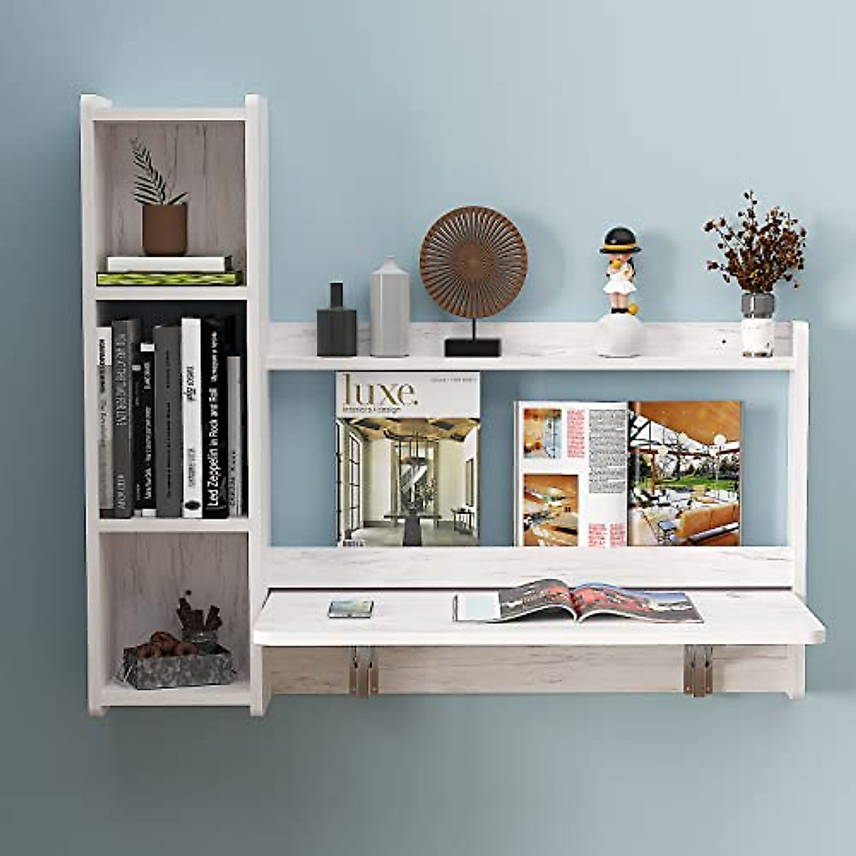 Pmnianhua Floating Desk,Wall Mounted Laptop Computer Desk Folding Wall Table Desk Workstation with Storage Shelves for Wall Bedroom Small Space (Grayish-White-Left)