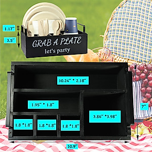 Paper Plate Holder, Utensil Caddy Organizer, Wood Paper Plate Dispenser, Silverware Caddy Holder, and Disposable Coffee Bar Accessories Box for Kitchen Counter, Party, Camping, Picnic (6 compartment)