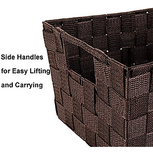 Nicunom 3 Pack Woven Baskets, 3 Size Woven Strap Storage Basket Bin Container, Nylon Stackable Shelf Organizer Set for Home, Office, Laundry, Closet, Built-in Carry Handles, Brown