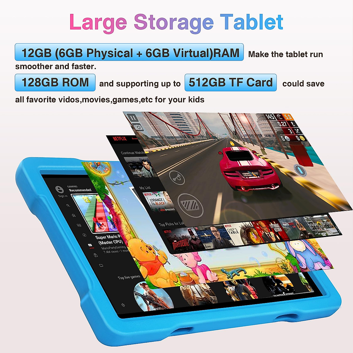 2024 Kids Tablet, 10 inch Android 13 Tablets for Kid Toddler 12GB+128GB 6000mAh Tablet with Shockproof Case, 5G WiFi, Kids Space Parental Control, 1280x800 HD Touchscreen, Bluetooth,Dual Camera -Blue