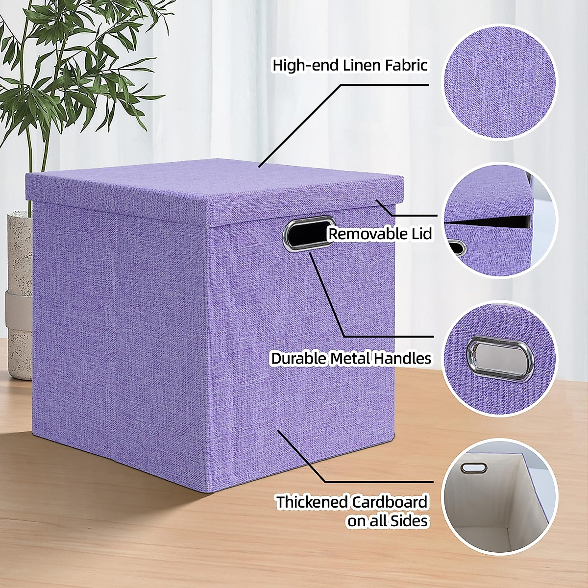 ORGMASTER Stackable Fabric Storage Bins with Lids, 13 x 13 Storage Cubes, Collapsible Bins Cube Storage Organizer Boxes Containers Baskets for Home, Office, Closet, Shelves, 4-Pack, Purple