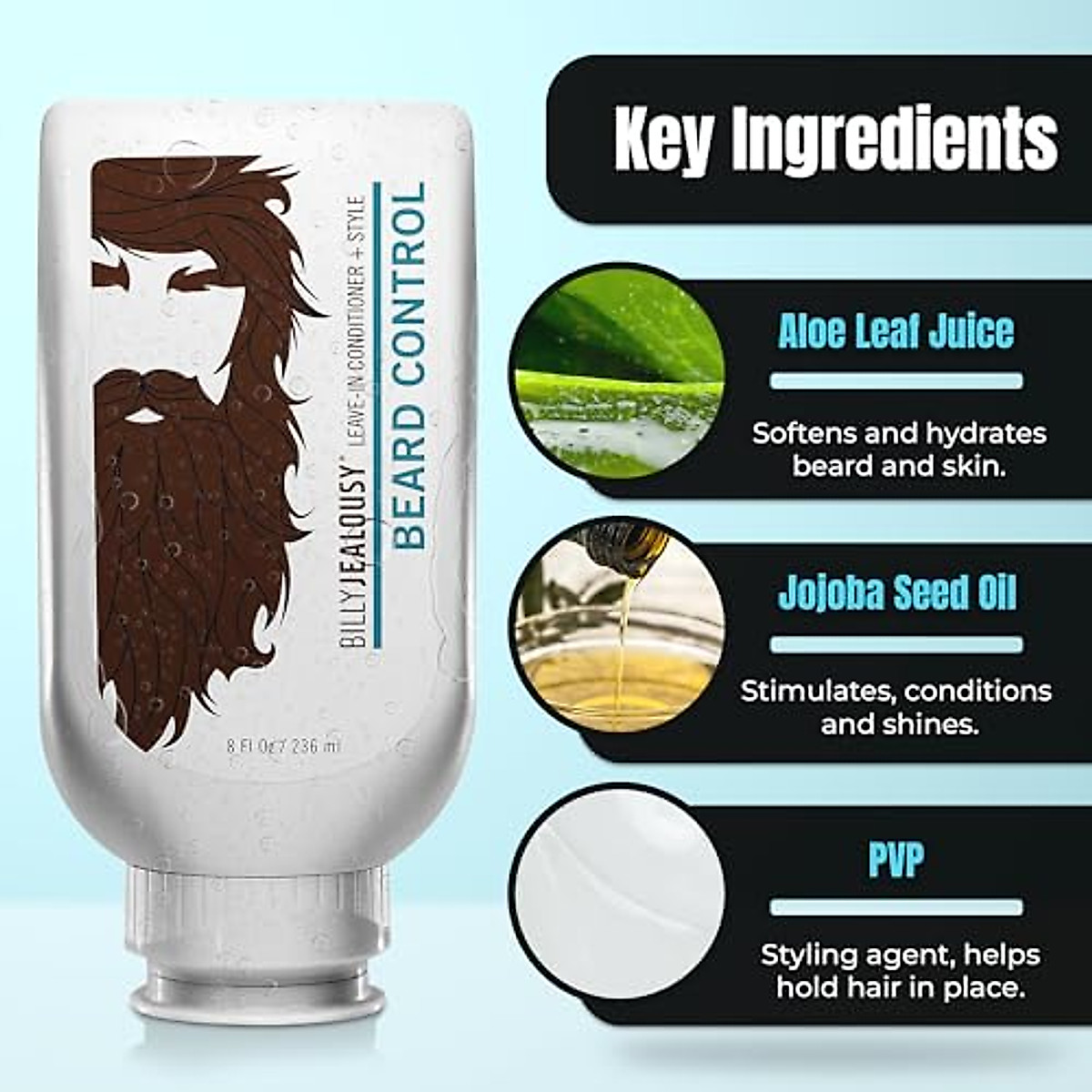 Billy Jealousy Original Beard Control Leave In Beard Conditioner for Men with Aloe Leaf Juice and Jojoba Seed Oil, Softens Hair and Skin, Light Hold with Matte Finish, 8 Fl Oz