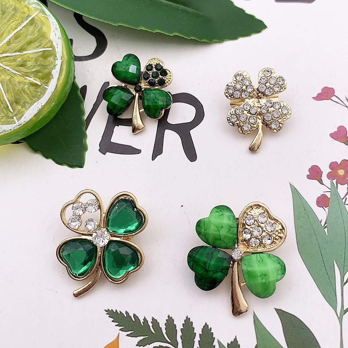4 Pcs St. Patrick's Day Good Luck Charm Green Four Leaf Shamrock Clover Pin Brooch