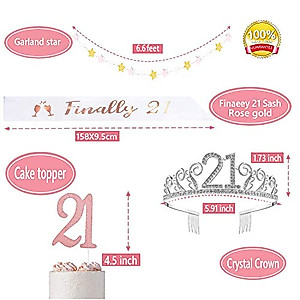 OUGOLD 21st Birthday Decorations Rose Gold Party Supplies for her Gift Finally 21 sash Garland Happy Birthday Balloon foil Curtain Backdrop Props Cake Topper &Confetti Ballon 21st Bday