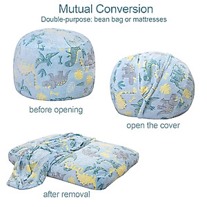 Kids Bean Bag Chair Turn into Beanbag Bed, Dinosaur Toddler Bean Chair for Girl Boy Sleeping, Lazy Children Sofa Couch with Filler, Convertible Child Floor Mattress, Blue Dino