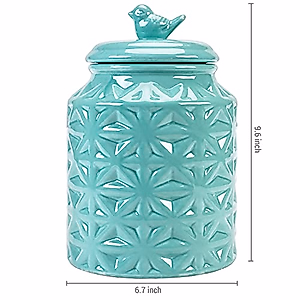 MyGift Vintage Turquoise Ceramic Kitchen Jar with Lid, Cookie Jar Storage Containers Airtight with Embossed Star and Bird Design