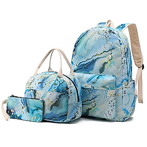 Pawsky Waterproof School Backpack Set Fits 14" Laptop Backpack Daypack College School Bookbag with Lunch Box and Pencil Case (Marble-Blue)