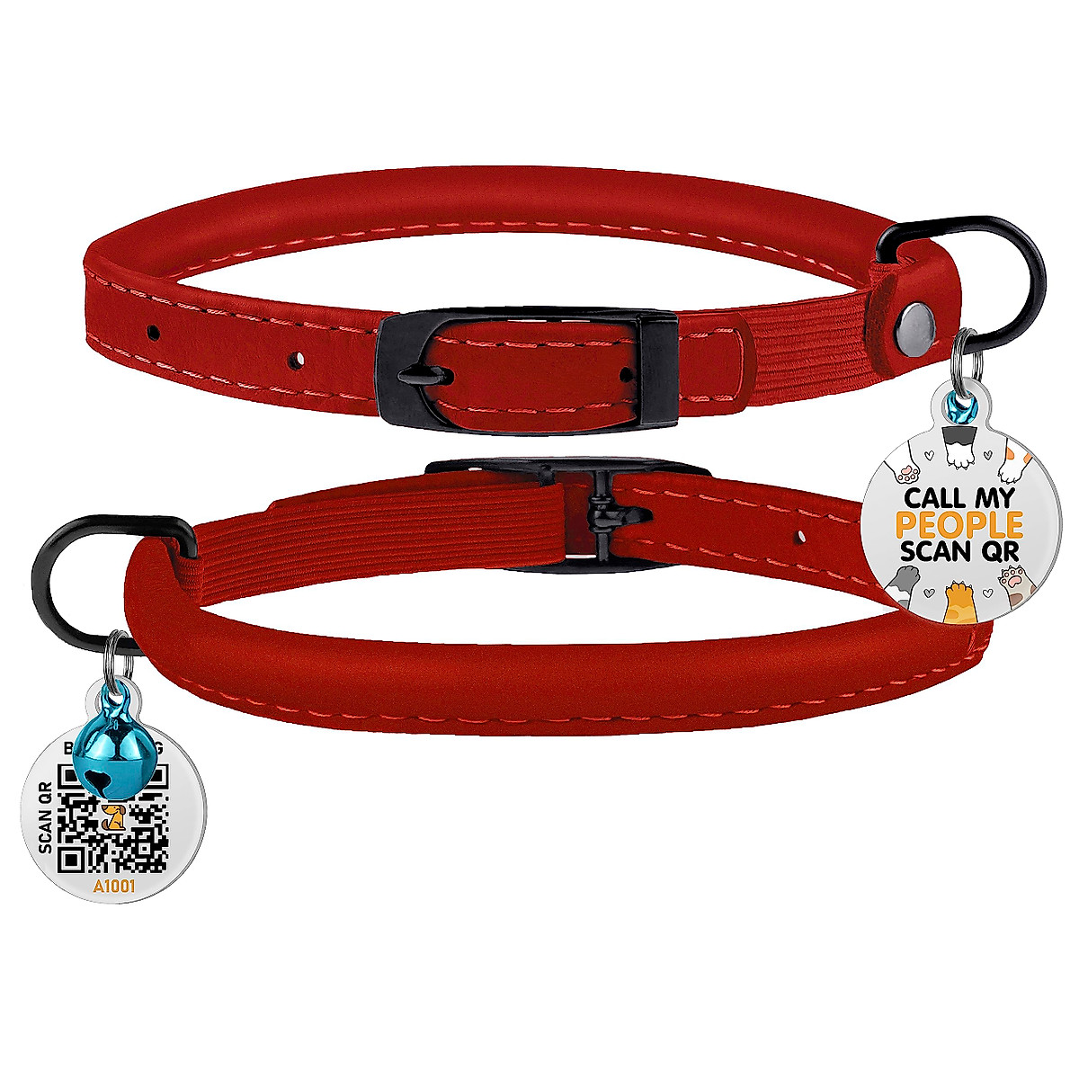 BRONZEDOG Cat Collar with Bell Kitten Rolled Leather Collars Safety QR ID Name Tag (Red)