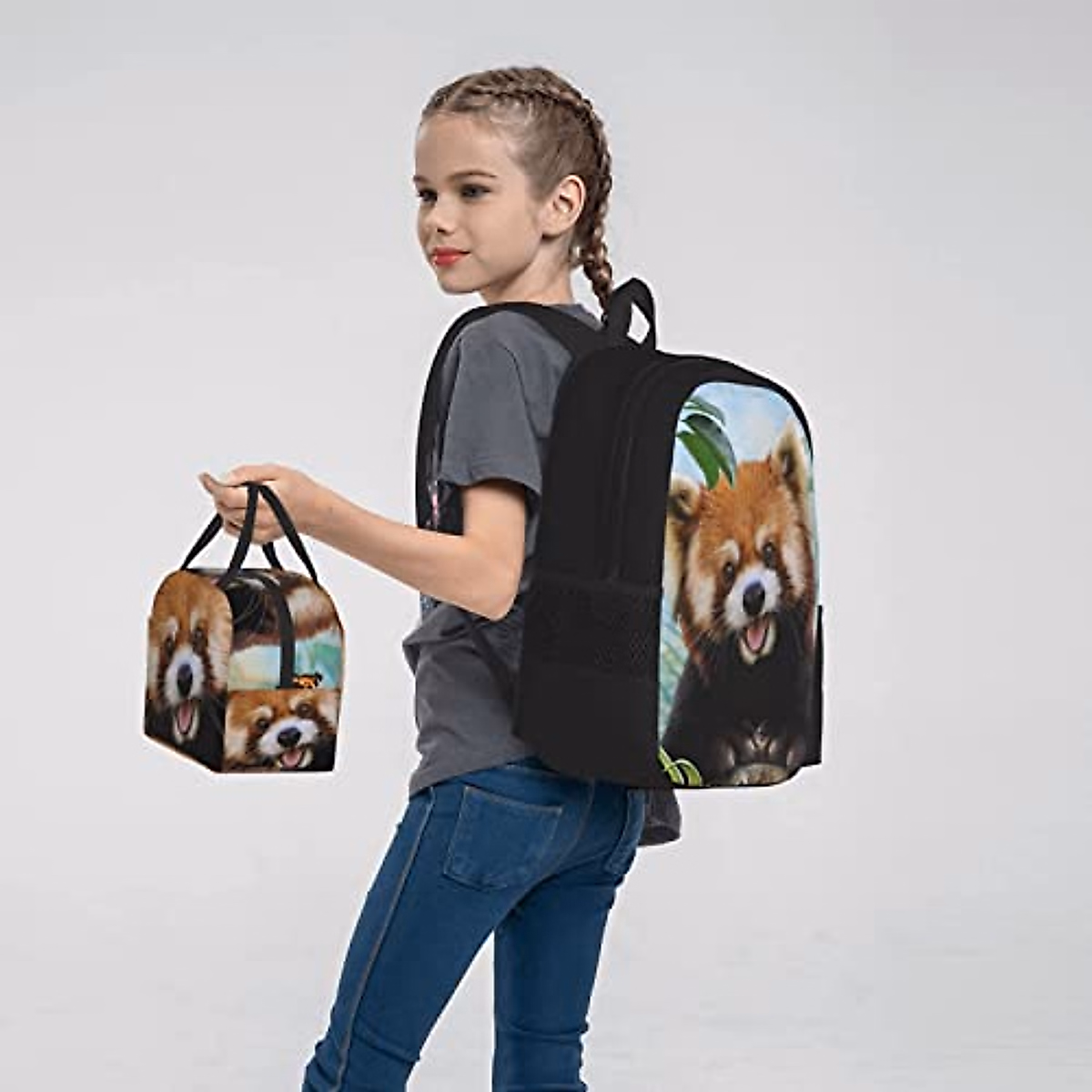 Xubrextas 2pcs Backpack Set For Boys,Red Panda Backpacks And Lunch Box For Girl Elementary Bags Teens Bookbags