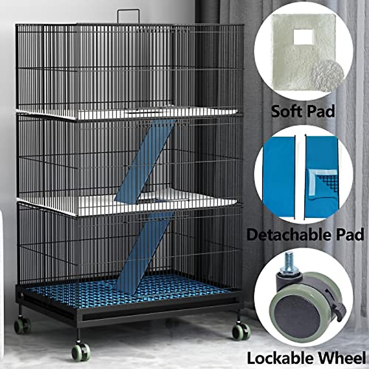 KINGBO 3-Tier Ferret Cage with 3 Front Doors, 23" × 17" × 39" Wire Cage, Animal Cage for Hamster, Rat, Chinchilla, Squirrel, Gerbil, Rabbit, Sugar Glider Cage with Wheels (Black)