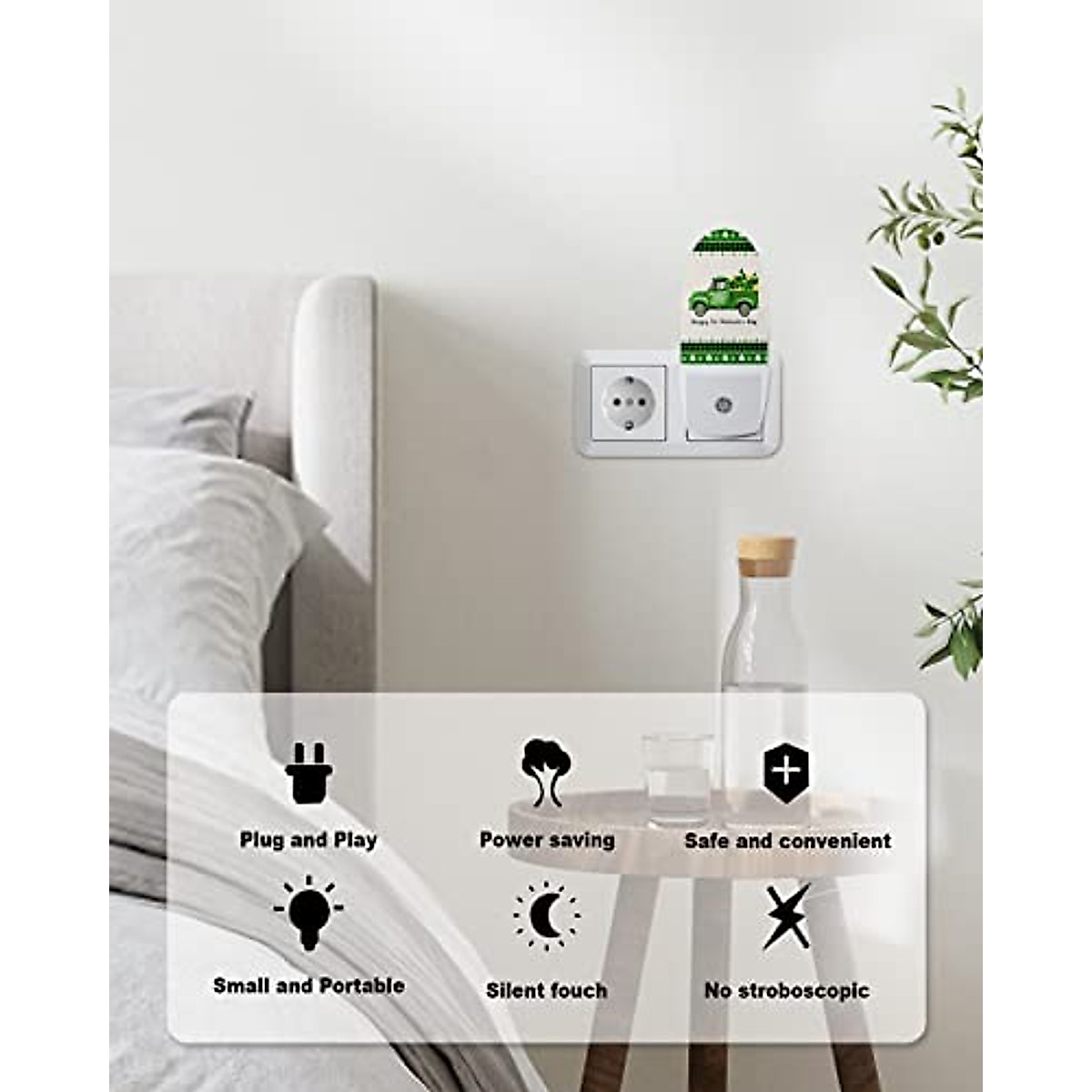 RisQiten St. Patrick's Day Night Light, LED Plug in Night Light, Green Checkered Truck Lucky Clover Gold Night Lights with Dusk to Dawn Sensor Decorative Kids/Adults Nightlight for Bedroom Bathroom