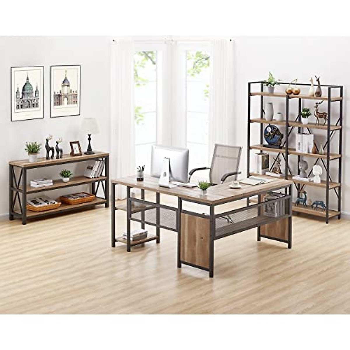 FATORRI Industrial L Shaped Computer Desk, Heavy Duty Bookshelf and Console Table for Home Office (Rustic Oak)