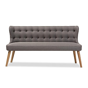 Baxton Studio Melody Mid-Century Modern Grey Fabric and Natural Wood Finishing 3-Seater Settee Bench