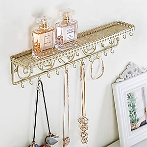 MyGift Gold-Tone Metal Wall-Mounted Jewelry & Cosmetics Shelf with 25 Necklace Hooks