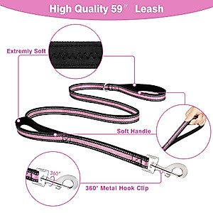 WINSEE Pet Harness Collar and Leash Set, All-in-one Reflective Dog Harness No Pull with Adjustable Buckles for Puppies, Small, Medium, Large, and Extra-Large Dogs (Large, Pink)