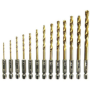 NORTOOLS Hex Shank Drill Bit Set 13 PCS High Speed Steel Titanium Coated Twist Drill Bits 1/4 Inch Quick Change Hex Driver Set for Wood Plastic Aluminum Alloy (1/16" - 1/4")
