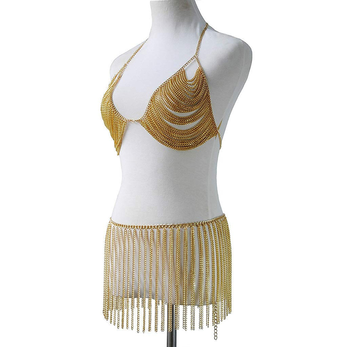 Sinkcangwu Womens Body Chain Suit Boho Rhinestone Bra Waist Belly Chain with Tassel Indian Dancing Skirt Dress for Party Halloween Costume Beach Bikini (Gold Metal)