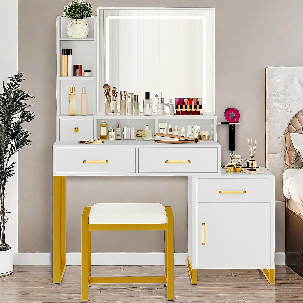 DWVO 43" Vanity Desk with Mirror, Lights, and Power Outlet, Makeup Vanity Set with Adjustable 3-Mode Lighting, Vanity Desk with Multiple Storage Options, and Stool, Bedroom Beautification, White