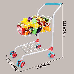 deAO Kids Shopping Cart Trolley with Sturdy Metal Frame for Toddlers 46 PCS Food Fruit Vegetables Pretend Play Food Role Play,Educational Toy Play Kitchen Toys for Boys Girls Kids