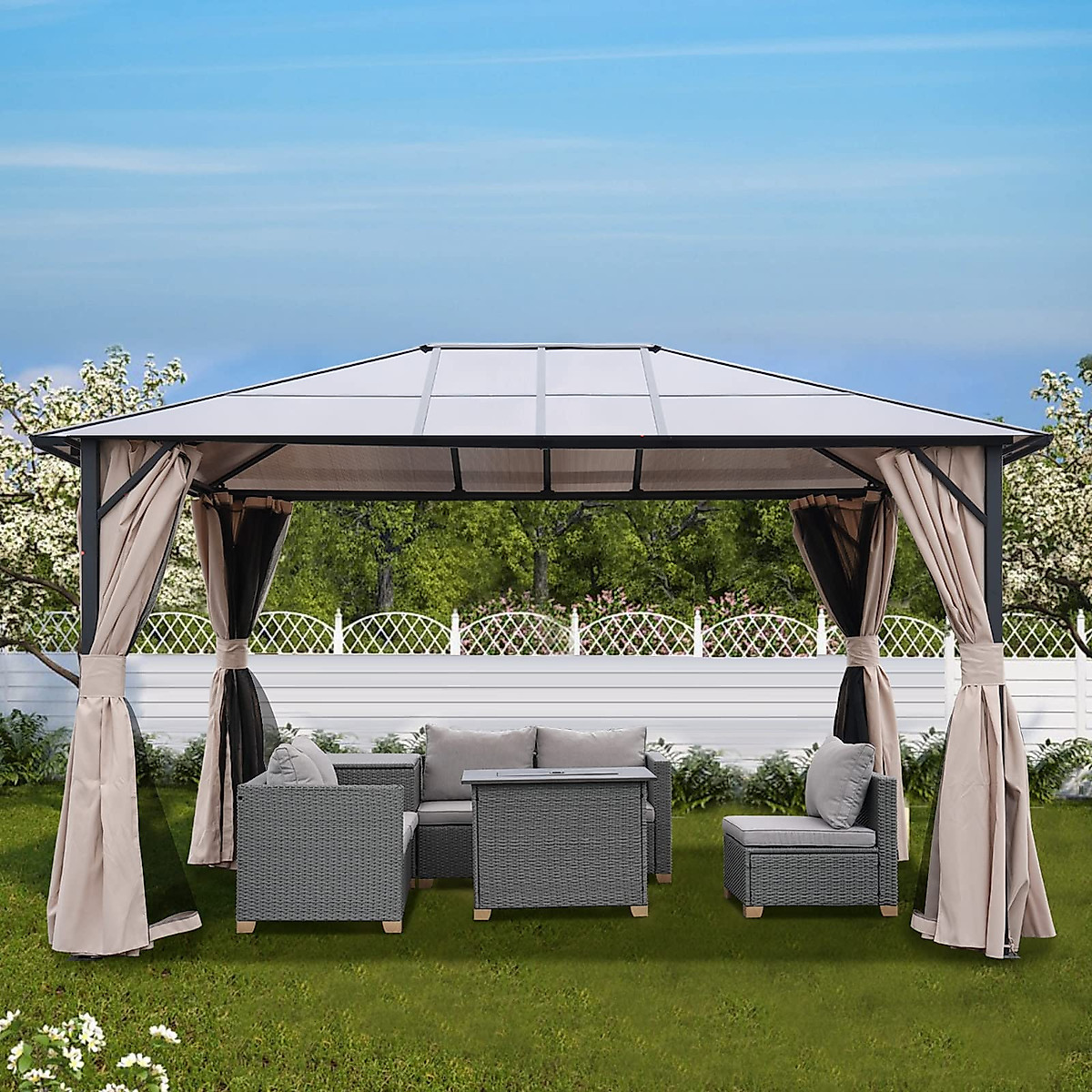 Grand Patio 10'x13' Gazebo Outdoor Hardtop Polycarbonate Gazebo Canopy with Netting and Curtains for Garden, Patio, Backyard