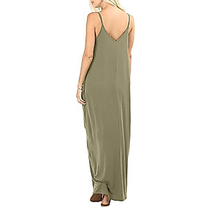 Padaleks Women's Spaghetti Strap V-Neck Full Length Dress Sexy Sleeveless Camisole Beach Party Dresses with Pocket